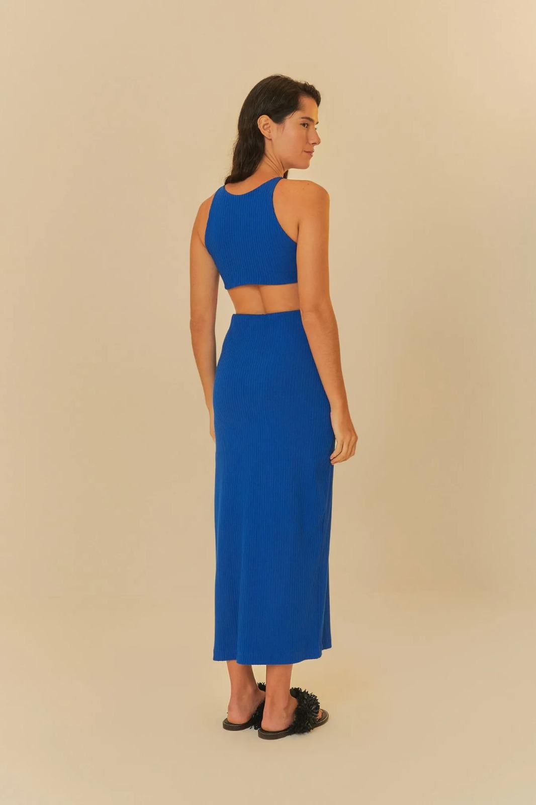 FARM VESTIDO VAZADO CINTURA RIB AZUL KRA - MELEVALOGO