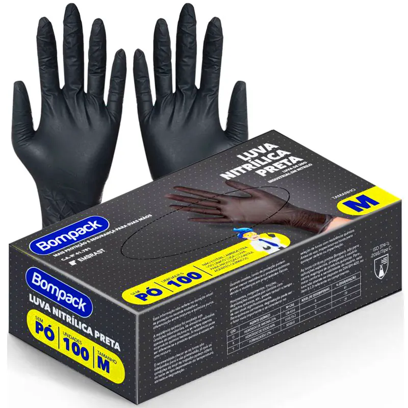 LUVA NITRILICA PRETA M S/PO C/100 UND - Ângulo Embalagens