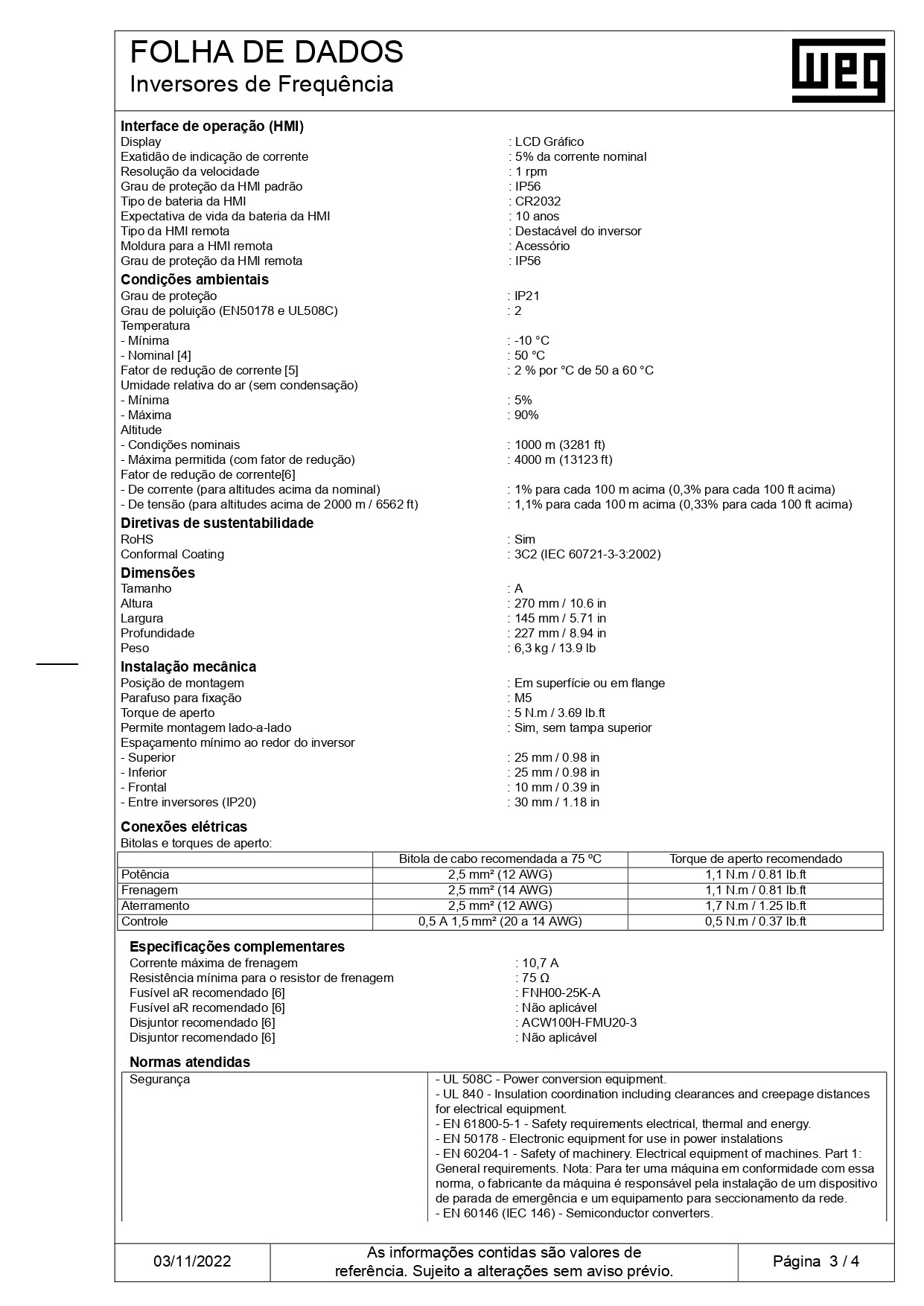 Inversor de Frequência Weg CFW11 Trifásico 7,5CV 380V 13,5A - 10193863 ...