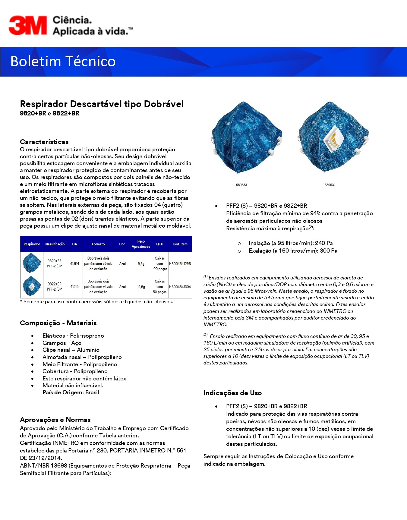 Máscara de Proteção Respiratória Dobrável 3M™ 9820+BR PFF-2(S) CA41514 ...