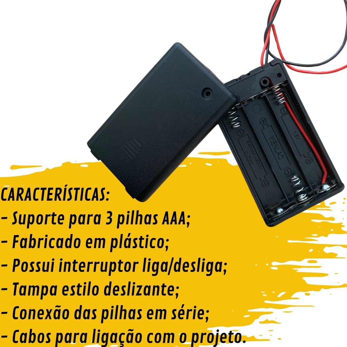 Suporte Case Caixa 3 Pilhas AAA Com Tampa Botão ON OFF Para Arduino ...