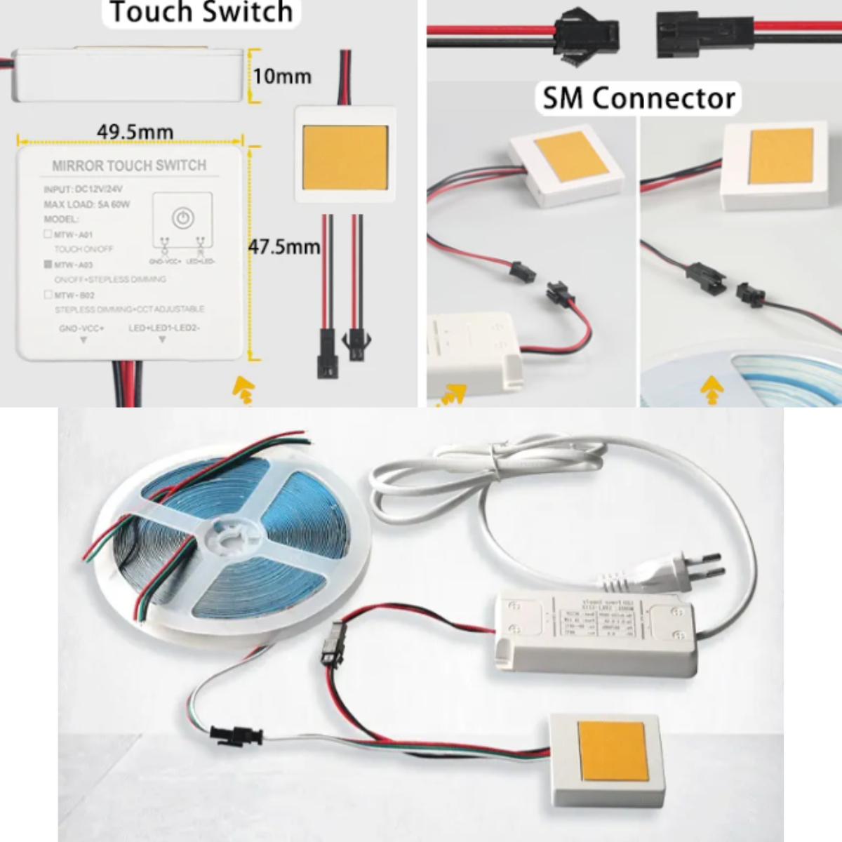 SENSOR TOUCH PARA ESPELHO COM LED DE 5V A 24V 5A MODELO C LIGA DESLIGA ...