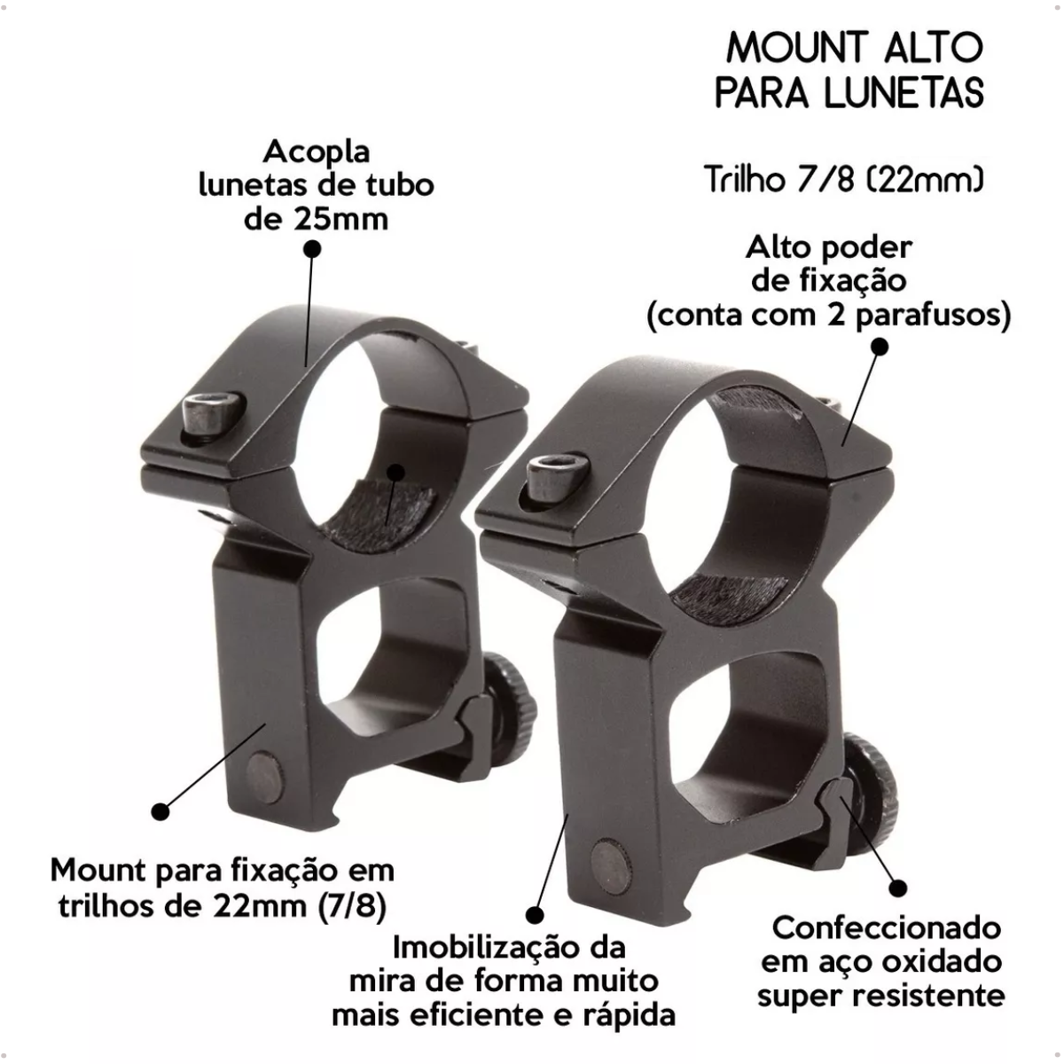 Par Mount Alto Suporte para Luneta Trilho 22mm Tubo 25mm - Aventurar