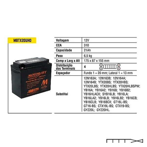 Bateria Motobatt Mod. MBTX20U-HD (YTX20L-BS) Haley Davidson Dyna ...