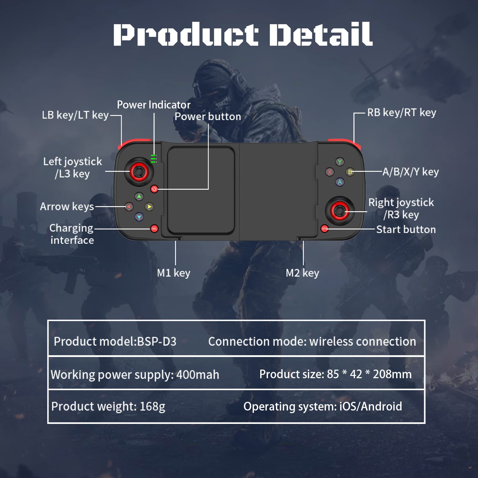 Controle Bluetooth Celular Gamepad Android Ios Pc BSP-D3 Preto - Mais ...