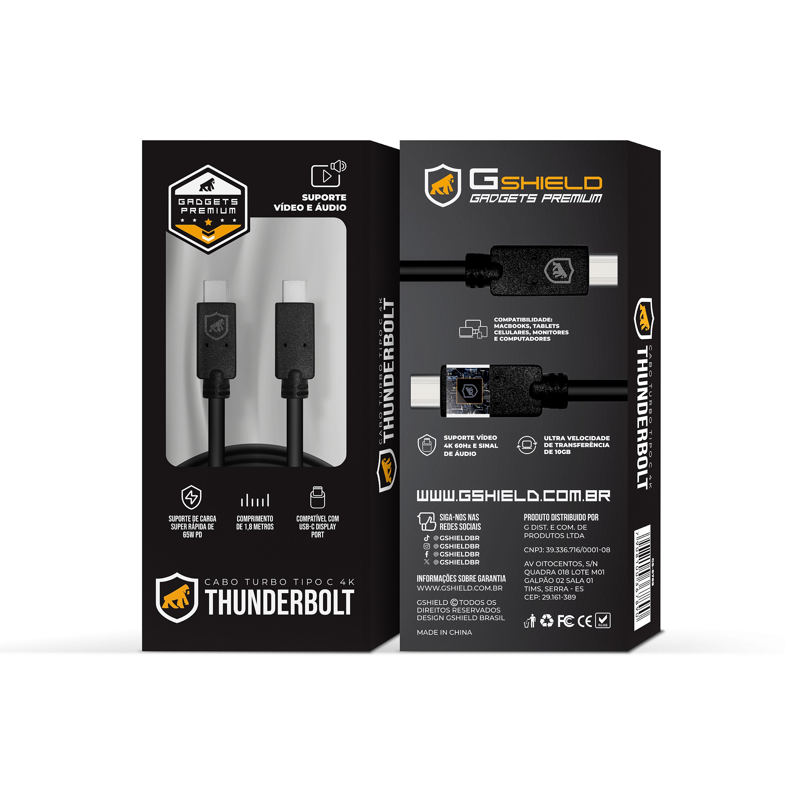 Cabo ThunderBolt 65W Áudio e Vídeo 4K 60Hz 3.1 USB-C / Tipo C - 1,8M - Atacado Gorila Shield ...