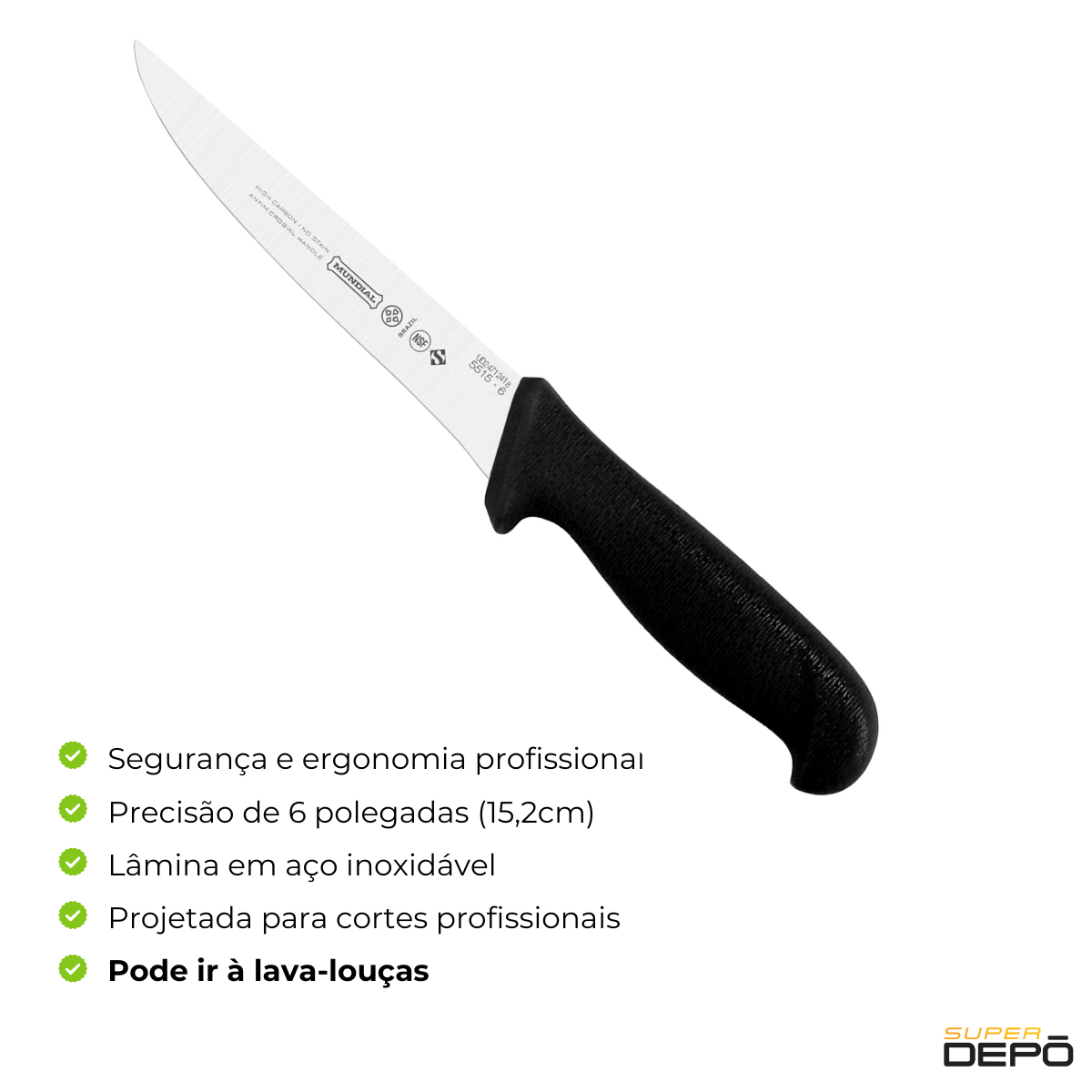Faca Desossa Profissional Mundial 6" Fio Liso Cabo Preto - Super Depo