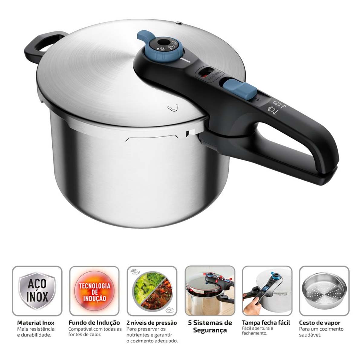 Panela de Pressão Rochedo Inox Secure Trendy Indução 6 Litros ...