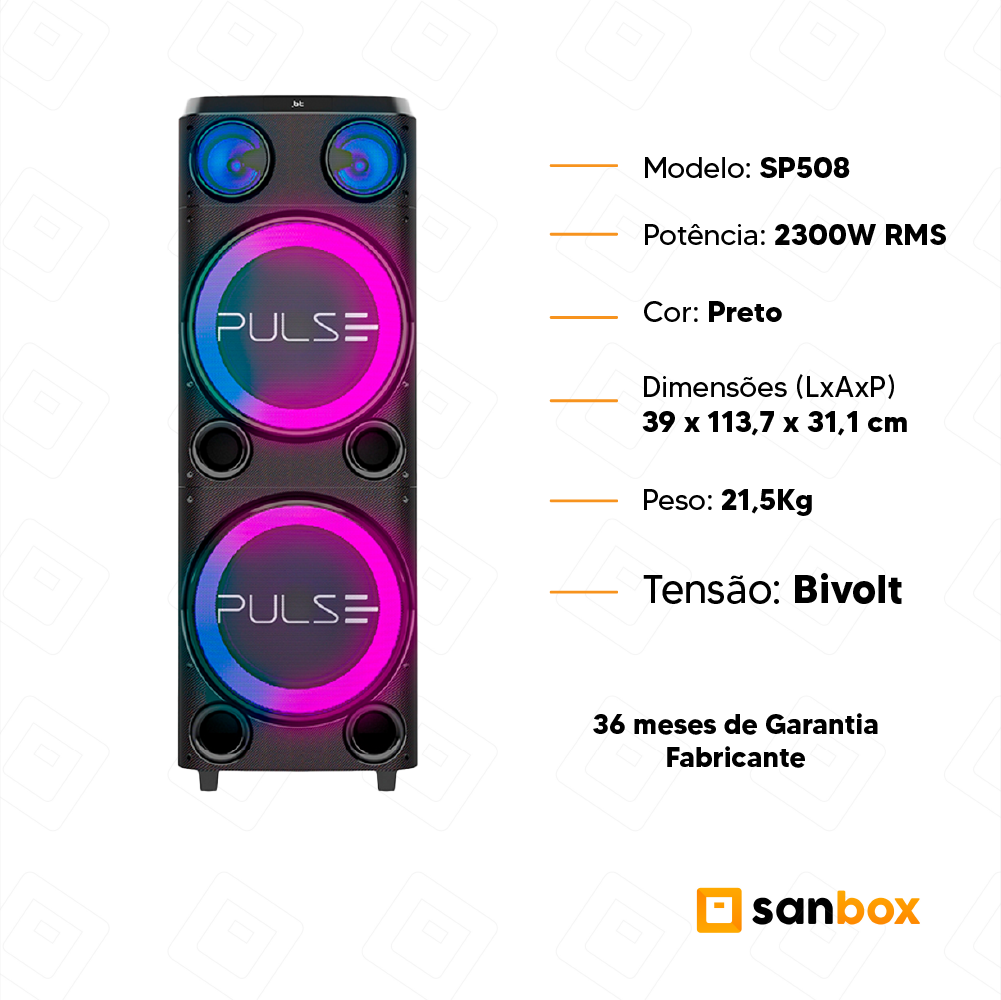 Caixa de Som Torre Double Pulse SP508 12'' 2300W - 2 Mic l Sanbox - Sanbox
