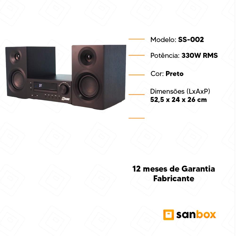 Mini System SS-002 SSOUND CD/MP3/Bluetooth/Rádio - 330W l Sanbox - Sanbox