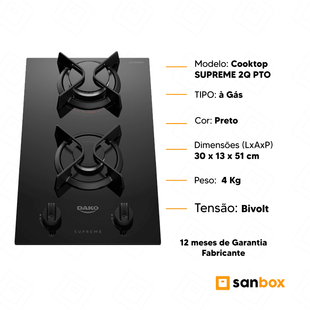 Cooktop Dako Supreme 2 Bocas-Design Moderno e Mesa de Vidro Preto - Sanbox