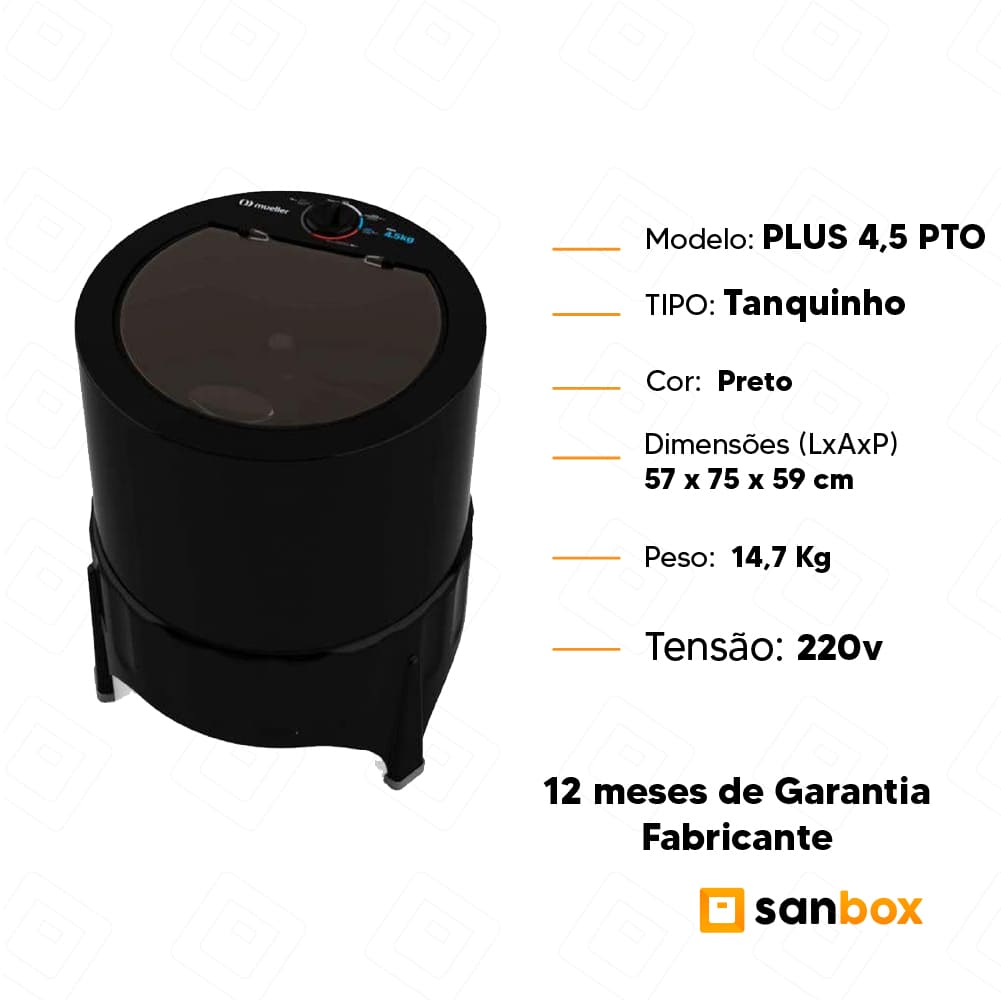 Tanquinho de Lavar Roupa Mueller Plus 4,5kg 40 Litros Preto - 220v - Sanbox