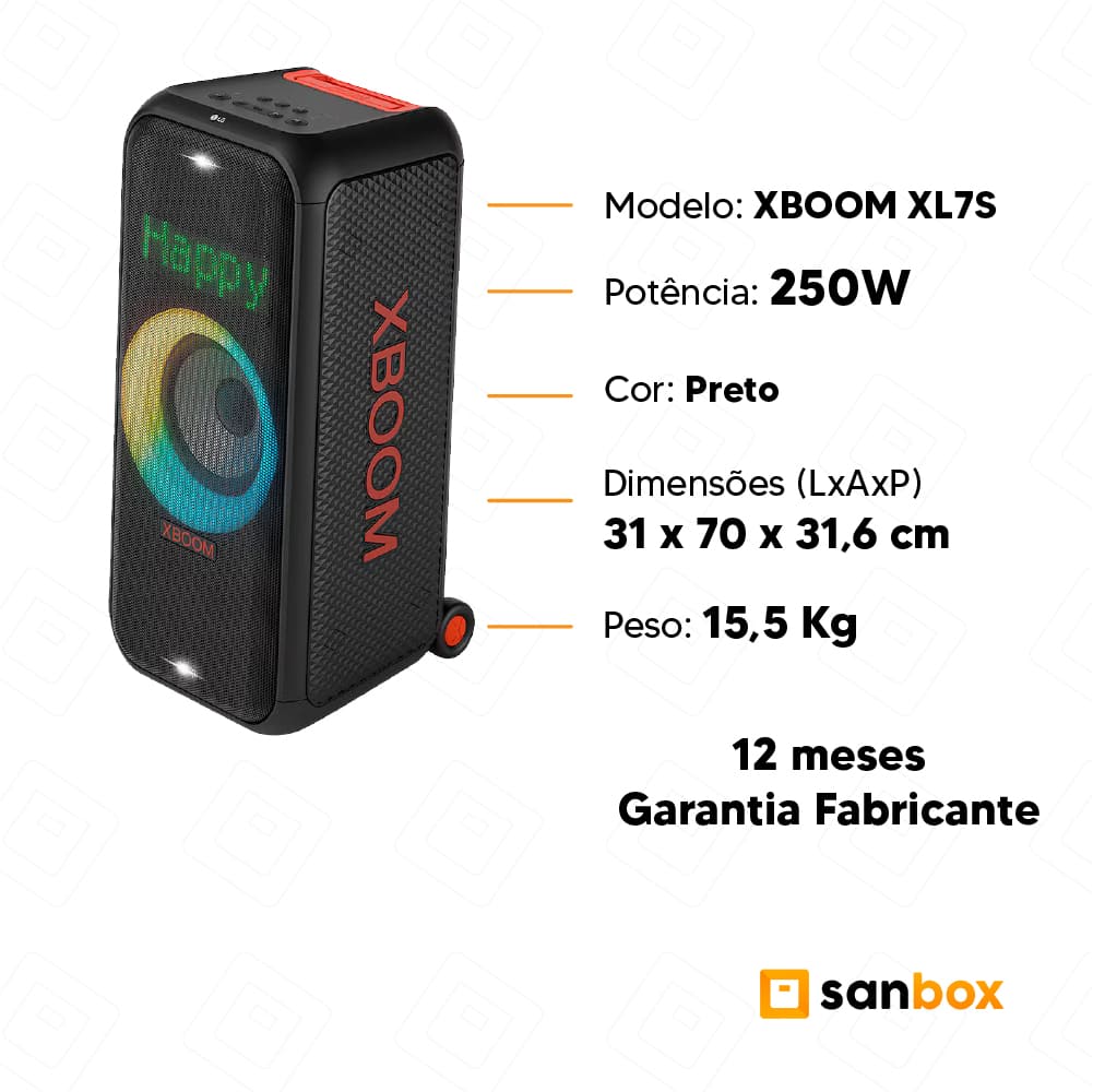Caixa de som Portátil LG PartyBox XBOOM XL7S Pixel Leds 250W-2 Mic - Sanbox