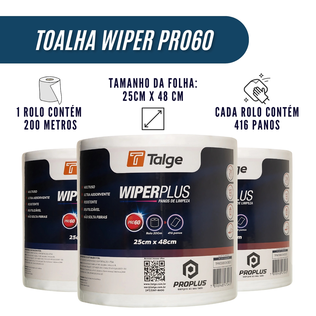 Pano De Limpeza Multiuso Wiper Plus 60 Talge 25x48cm Rolo c/ 200m de ...