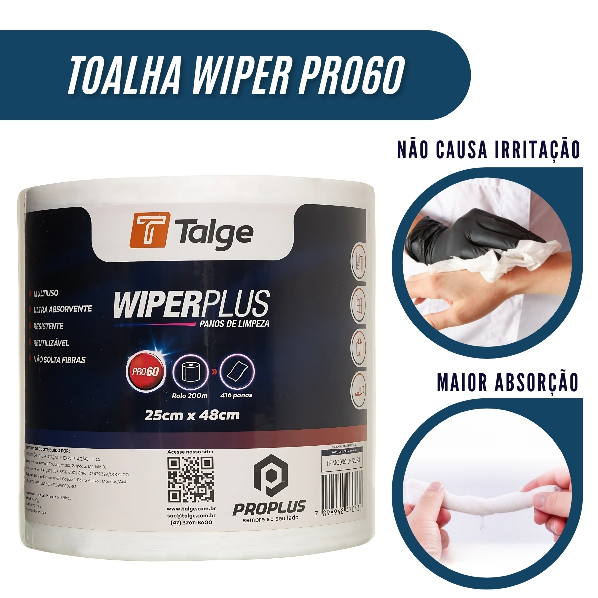 Pano De Limpeza Multiuso Wiper Plus 60 Talge 25x48cm Rolo c/ 200m de ...