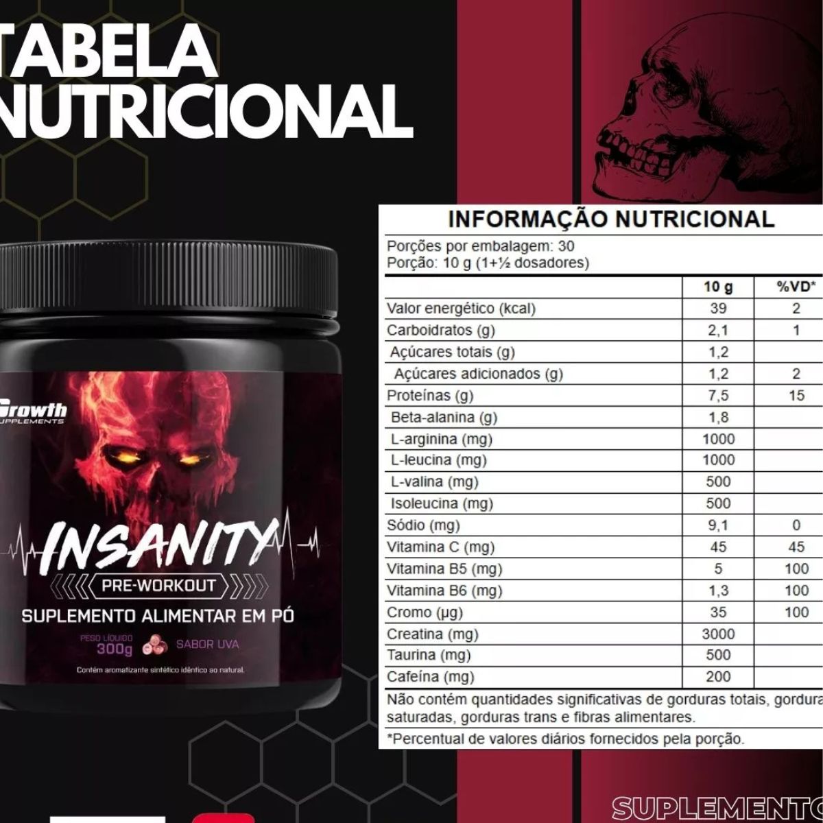 PRE TREINO INSANITY 300GR - GROWTH SUPPLEMENTS - RBR SUPLEMENTOS