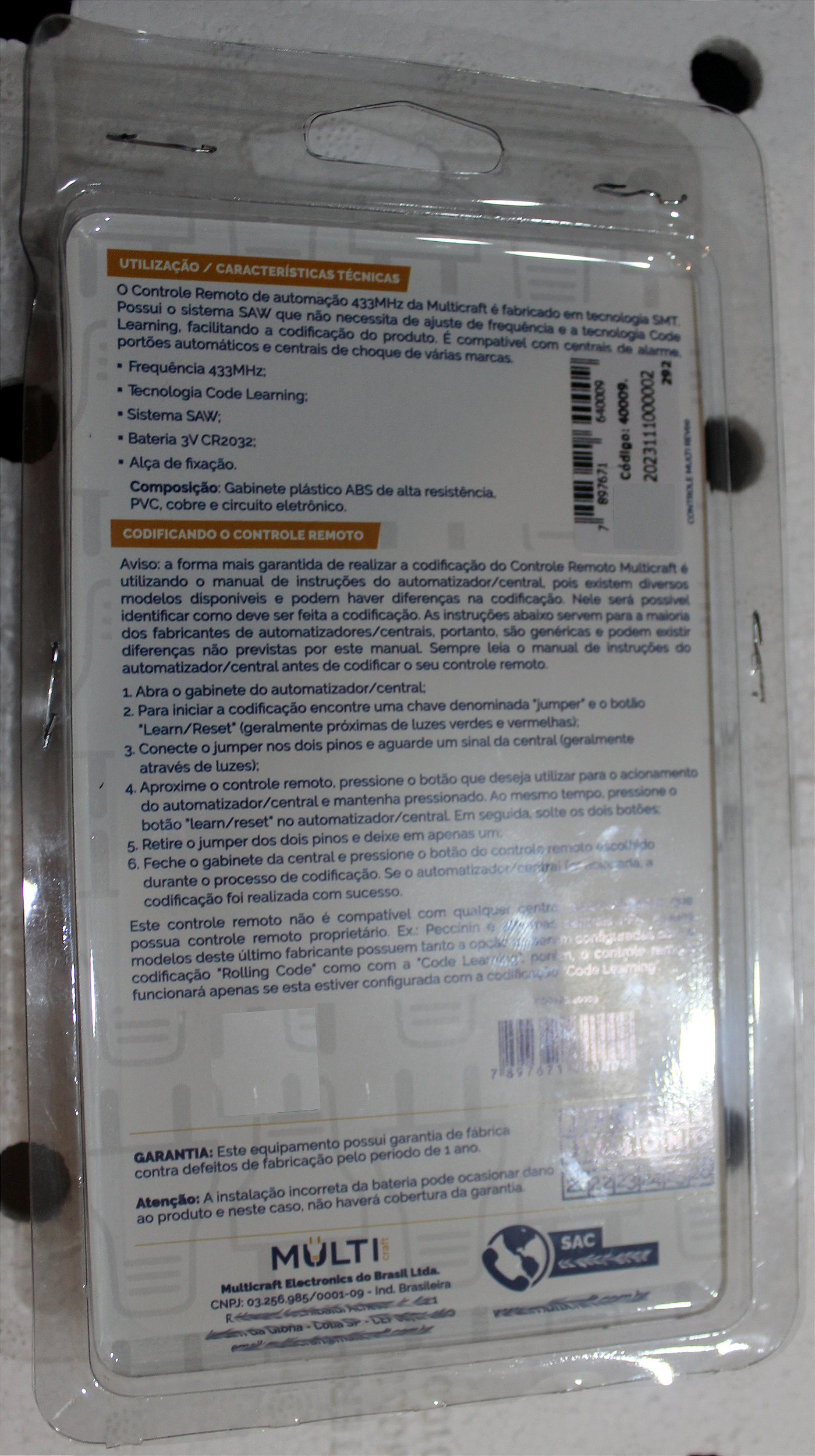Controle Remoto Digital SAW Code Learning 433Mhz Multicraft - PANTRON ...
