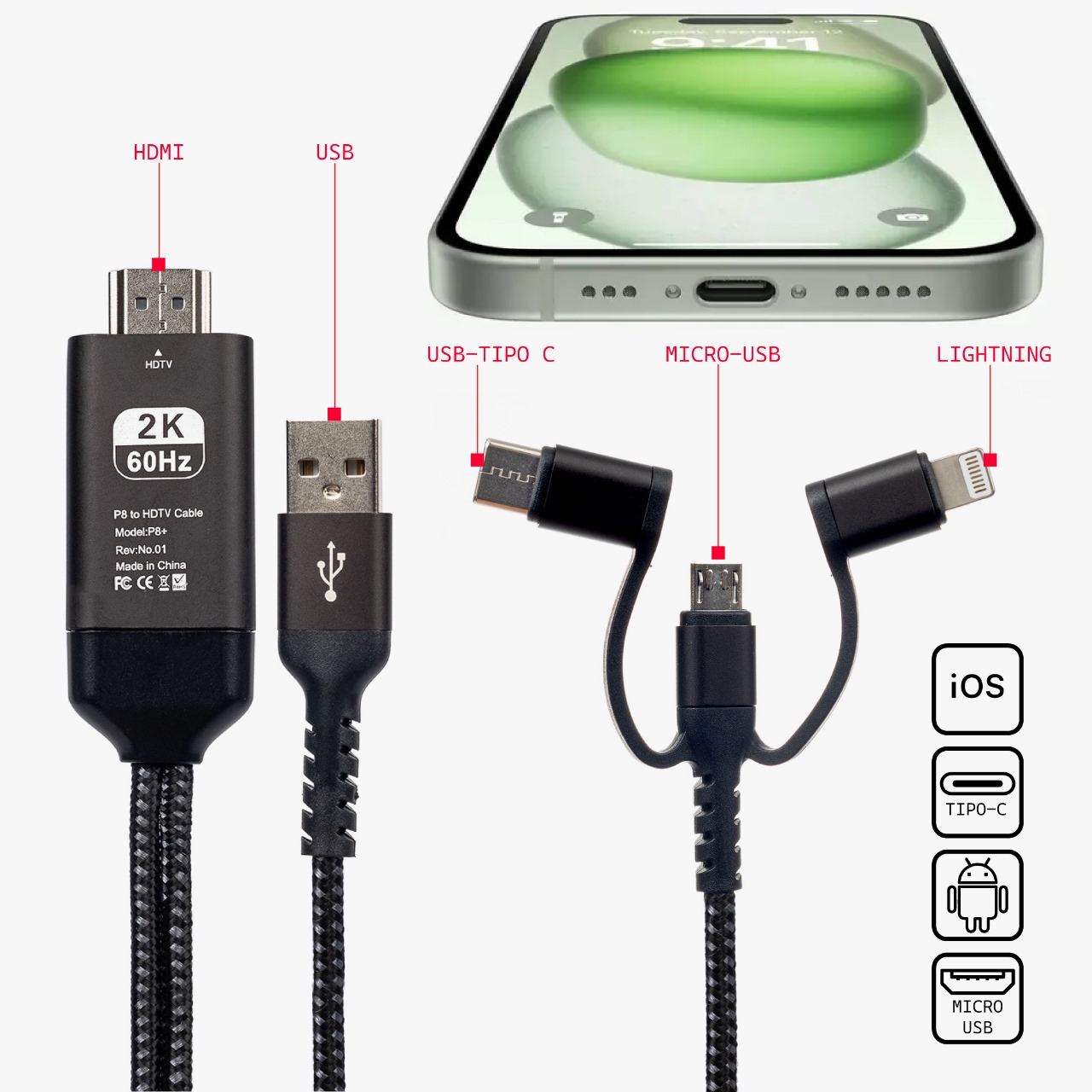 Cabo HDMI 3 em 1 Tipo-C, Lightning e V8, Projetor - Ion Cabos