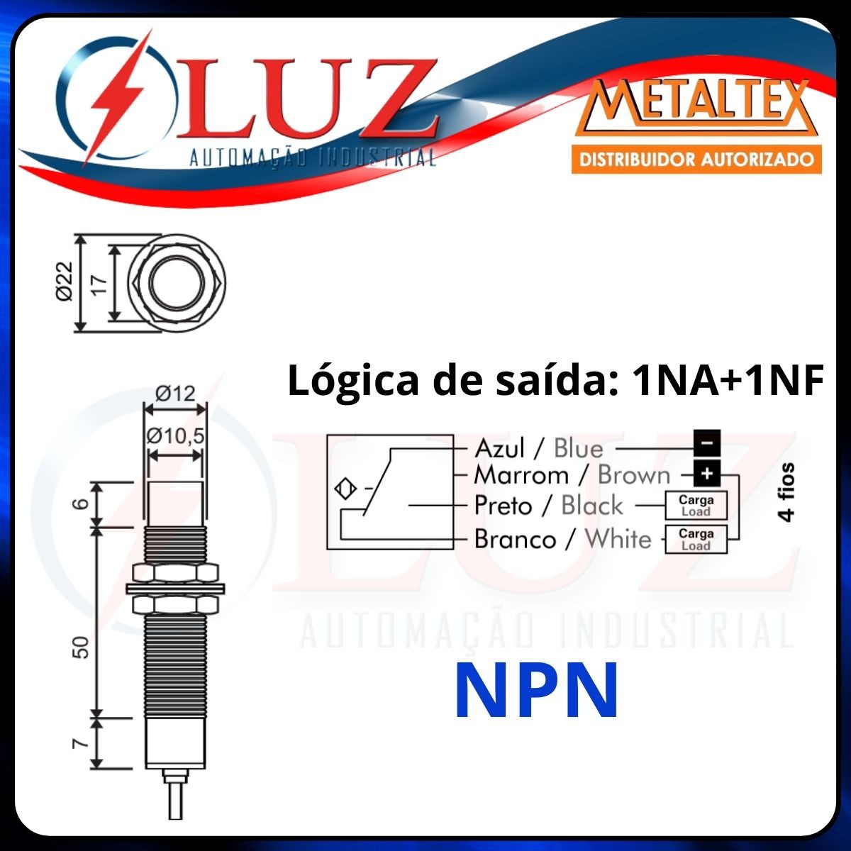 Sensor Indutivo 12mm - Npn | I12-4-dnc | Metaltex - LUZ AUTOMAÇÃO ...