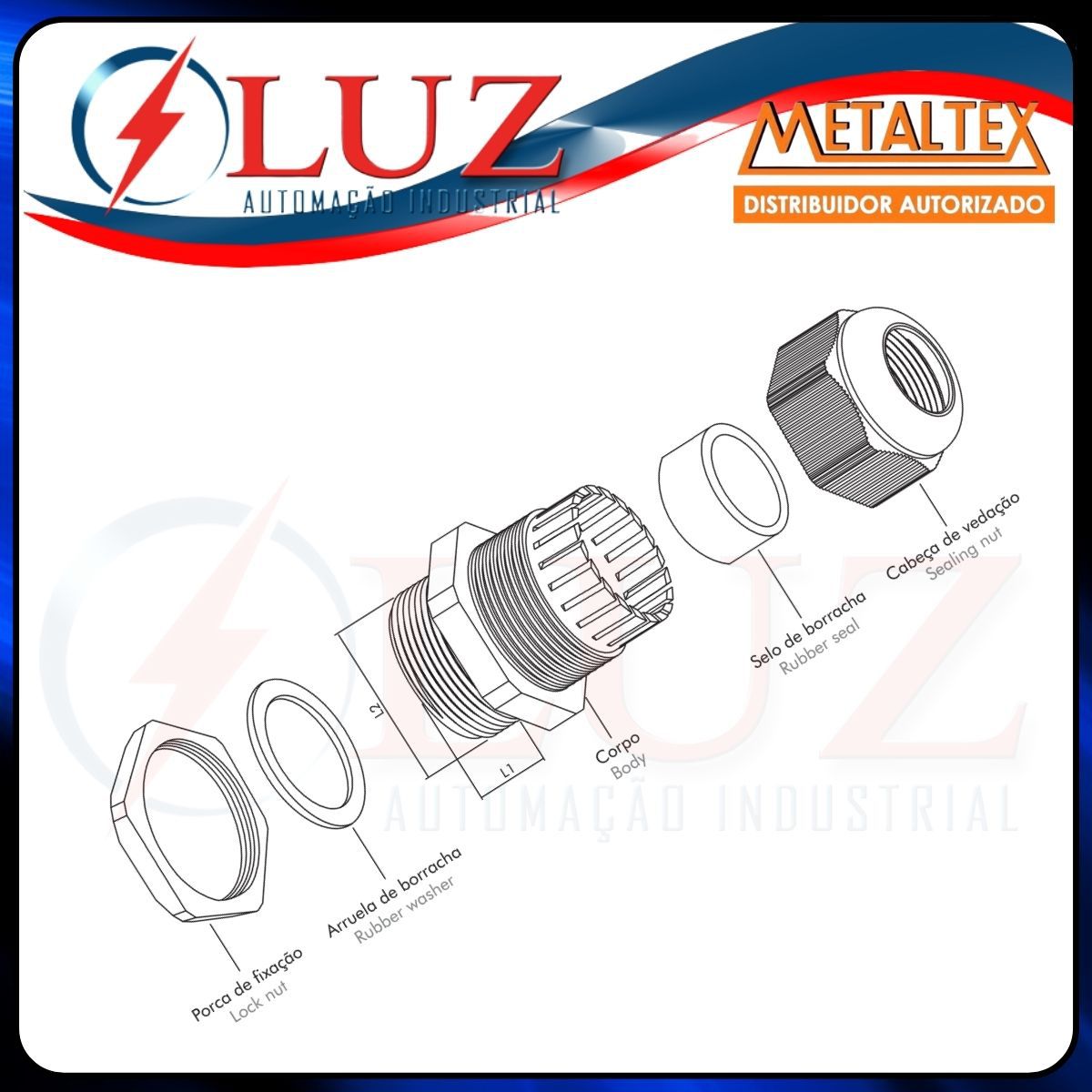 CH-M20-11-P | Prensa Cabo M20 - Preto - Cabos 6~11mm | Metaltex - LUZ ...