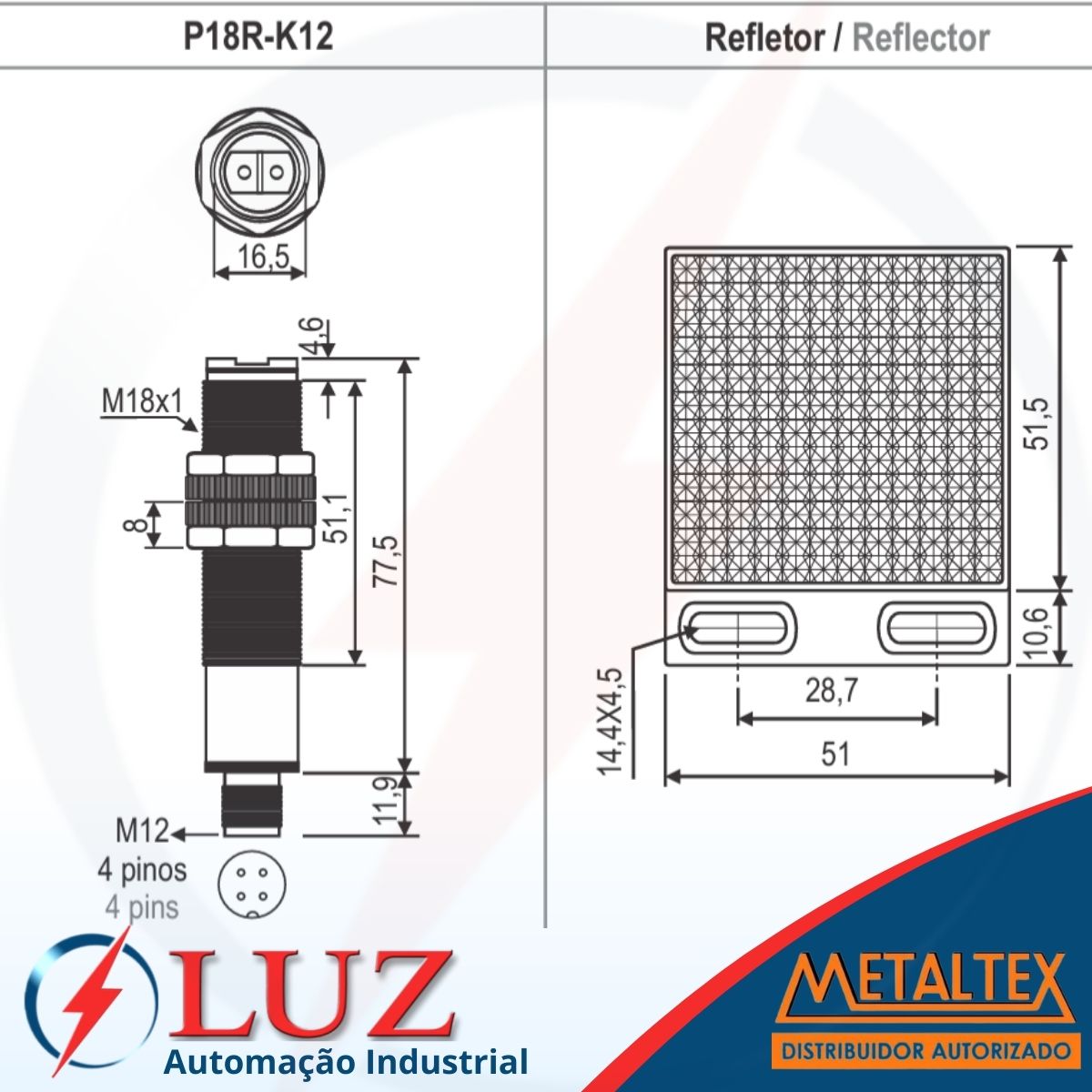 P18R-200-DPC-K12 | Sensor Fotoelétrico Retroreflectivo Pnp | Metaltex ...