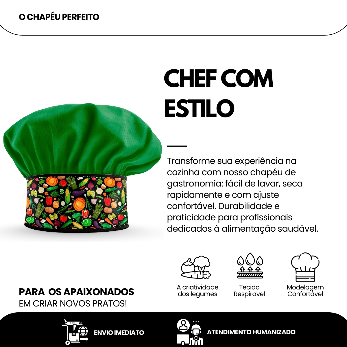 Chapéu Touca Chef De Cozinha Estampa Legumes Preto - Dr Chef - DR.CHEF