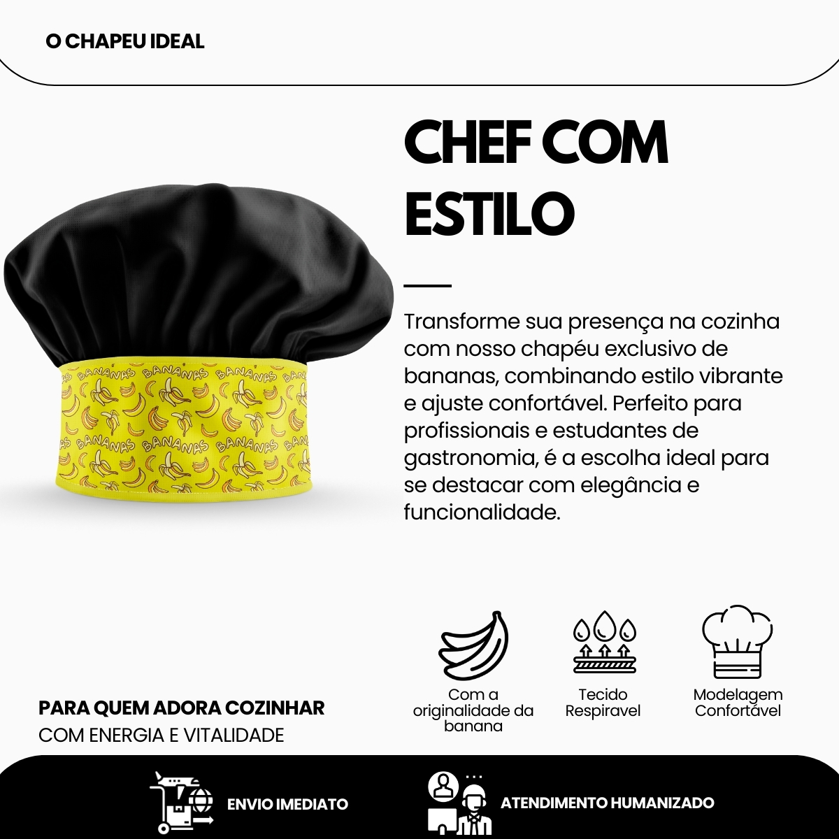Chapéu Touca Cozinheiro Chef De Cozinha Estampa Bananas - Dr Chef - DR.CHEF