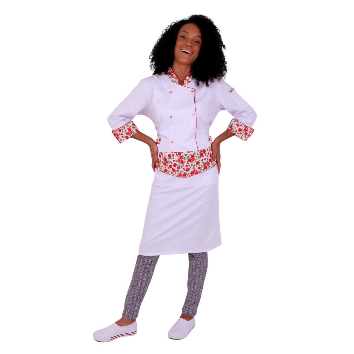 Kit Chef de Cozinha Dólmã + Avental Floral Vermelho Feminino - Dr Chef ...