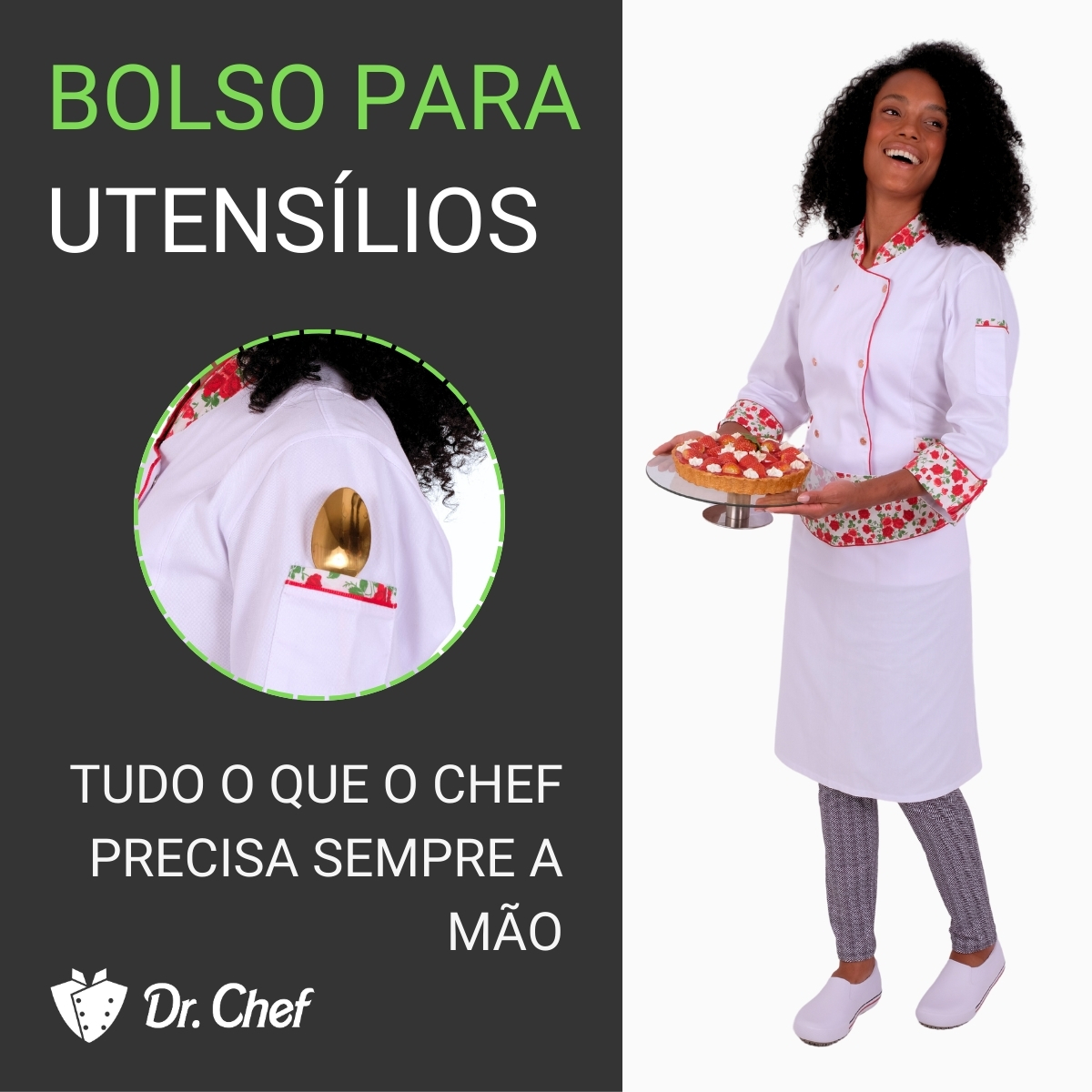 Kit Chef de Cozinha Dólmã + Avental Floral Vermelho Feminino - Dr Chef ...