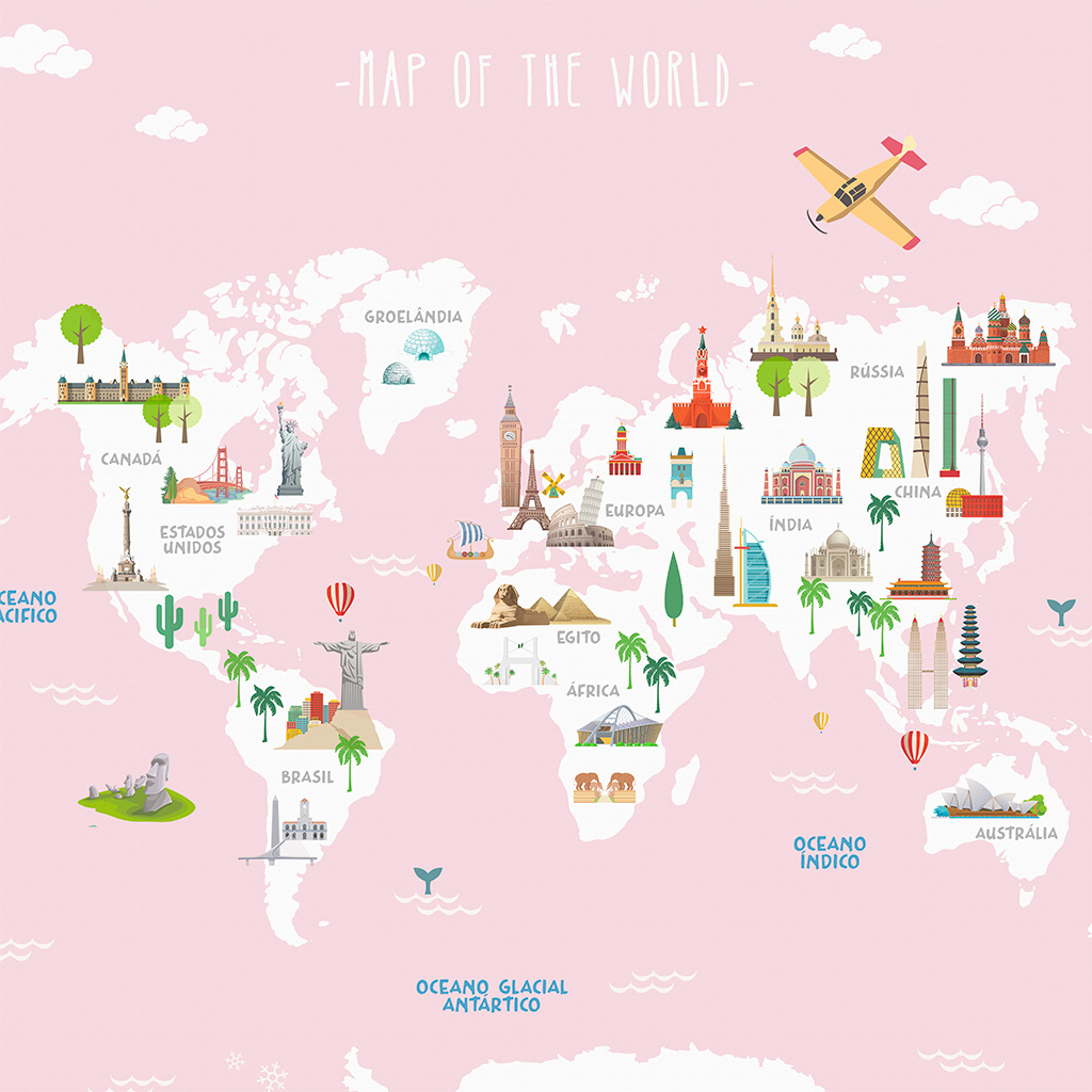 Papel de Parede Infantil Personalizado Mapa Viagem pelo Mundo Rosa ...