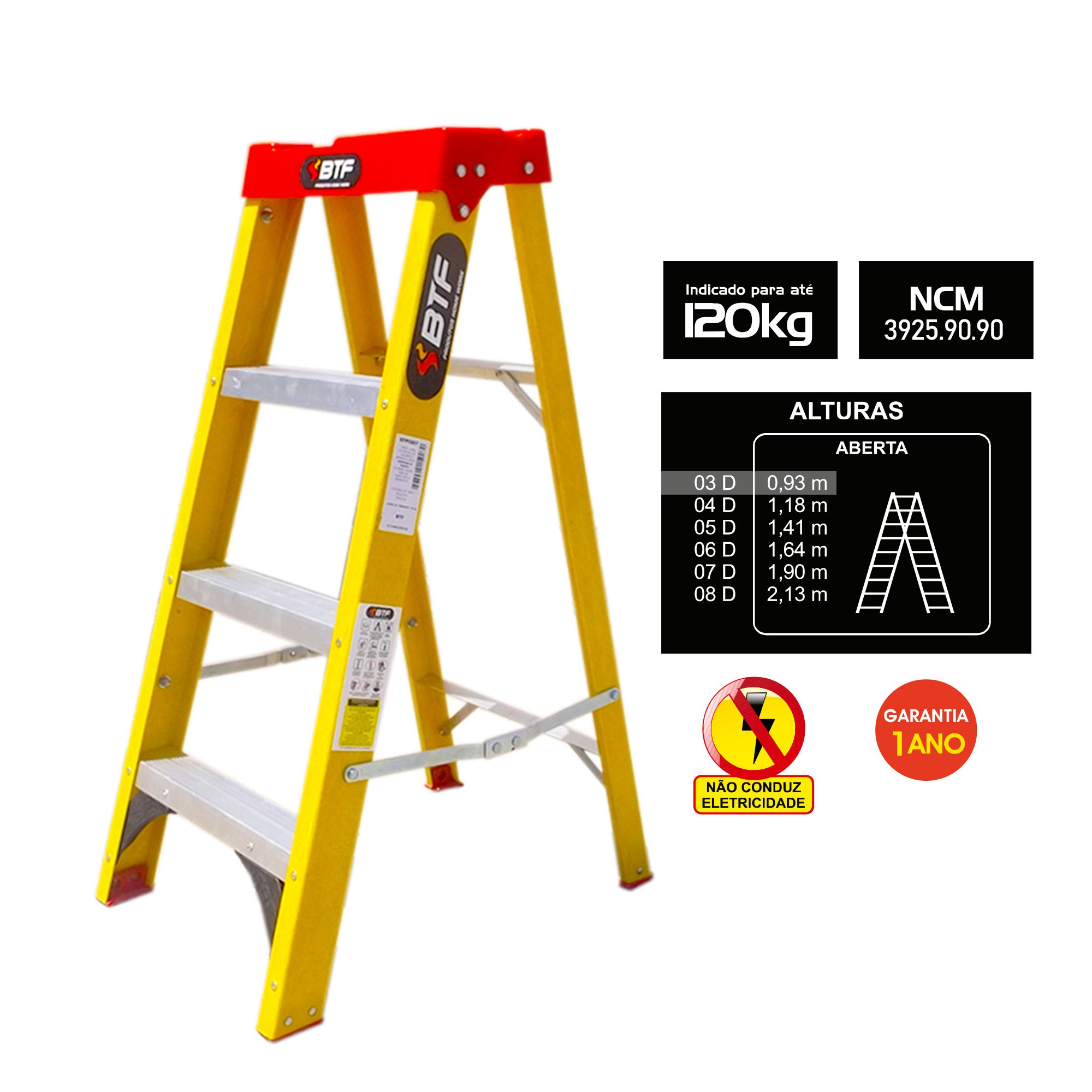 Escada de Fibra Tesoura Prática 3 Degraus BTF - Botafogo Lar & Lazer
