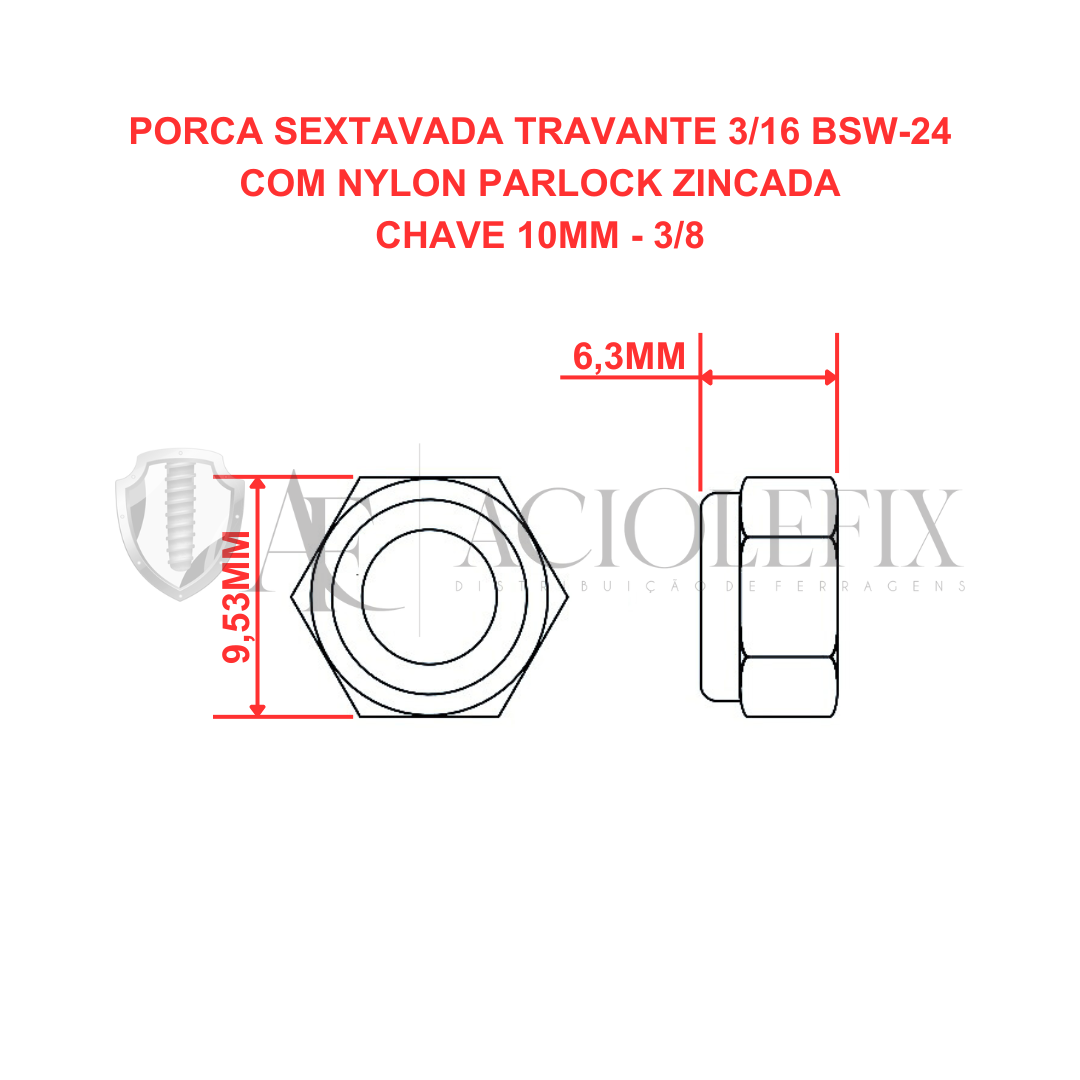 Porca Sextavada Travante 3/16 Bsw-24 Com Nylon Parlock Zincada - Aciole Fix