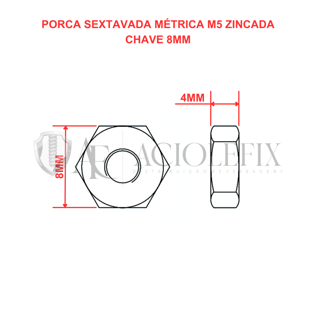 Porca Sextavada Métrica M5 Zincada - Aciole Fix