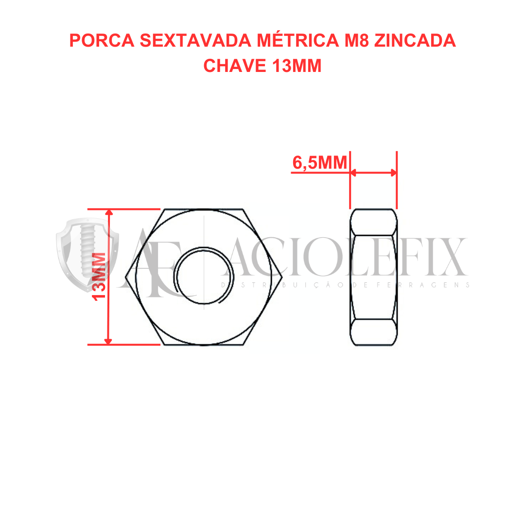 Porca Sextavada Métrica M8 Zincada - Aciole Fix