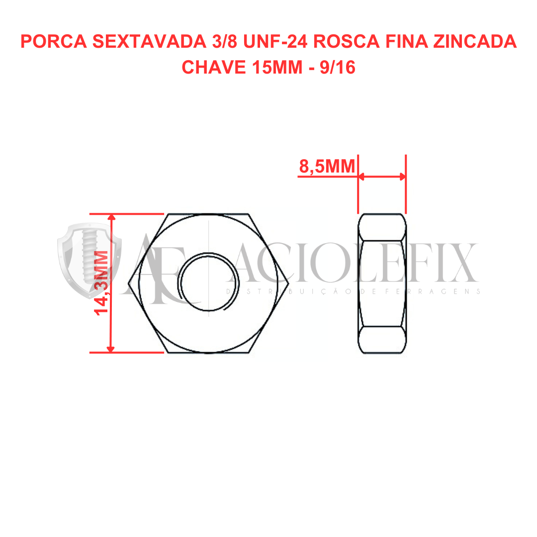 Porca Sextavada 3/8 Unf-24 Rosca Fina Zincada - Aciole Fix