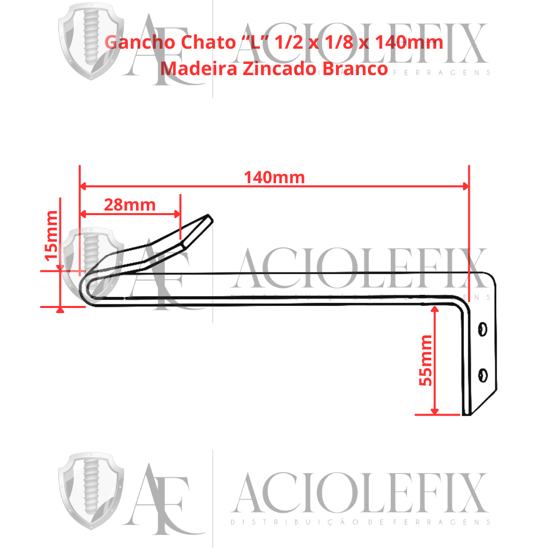 Gancho Chato "L" 1/2 x 1/8 x 140mm Madeira Zincado Branco - Aciole Fix