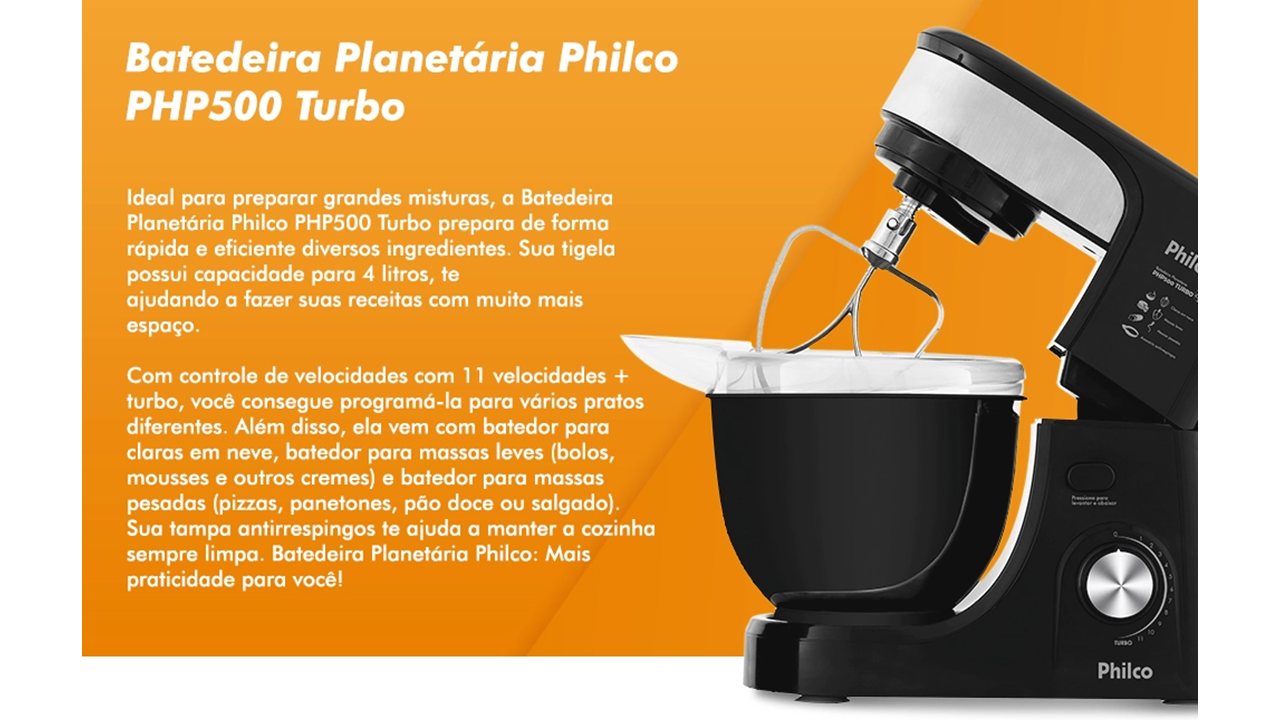 Batedeira Planetária PHP500 Turbo PR 127V - Philco - Pri Outlet