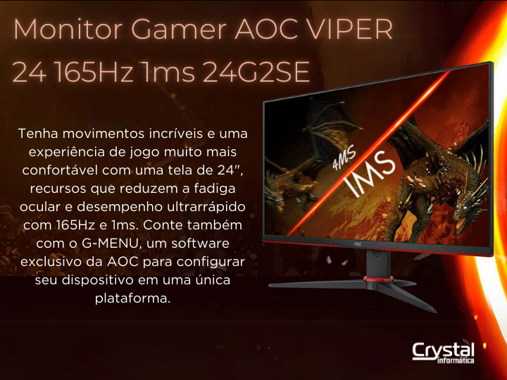 Monitor Gamer AOC Viper 24 LED 165Hz 24G2SE - Crystal Informática
