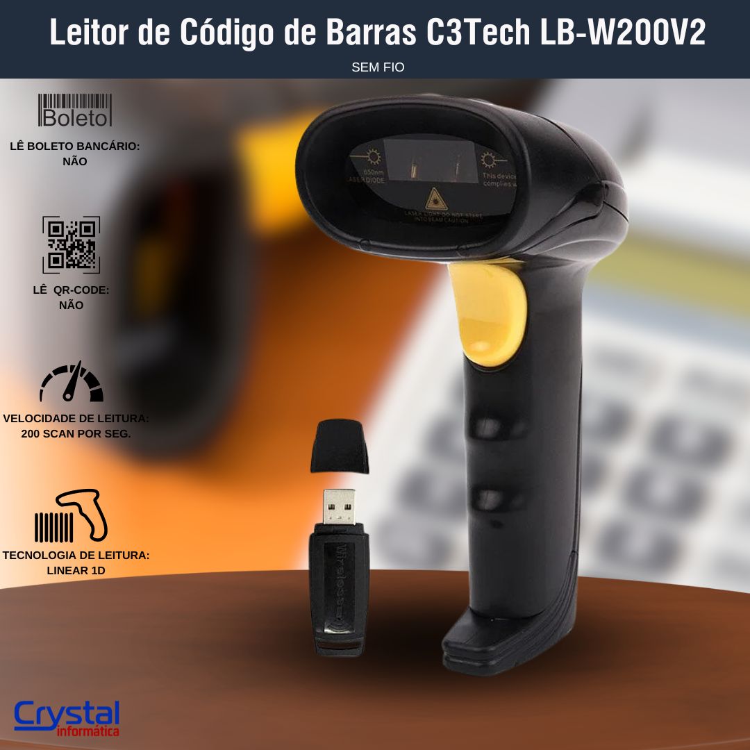 Leitor Código de Barras Sem Fio 1D LB-W200BK V2 C3Tech - Crystal ...