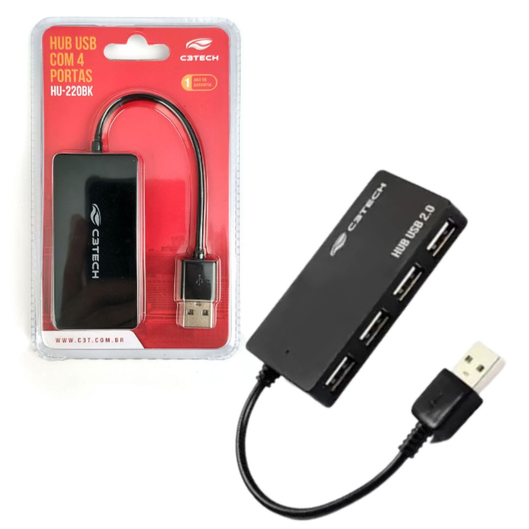 HUB USB 2.0 4 Portas C3tech HU-220BK - Crystal Informática