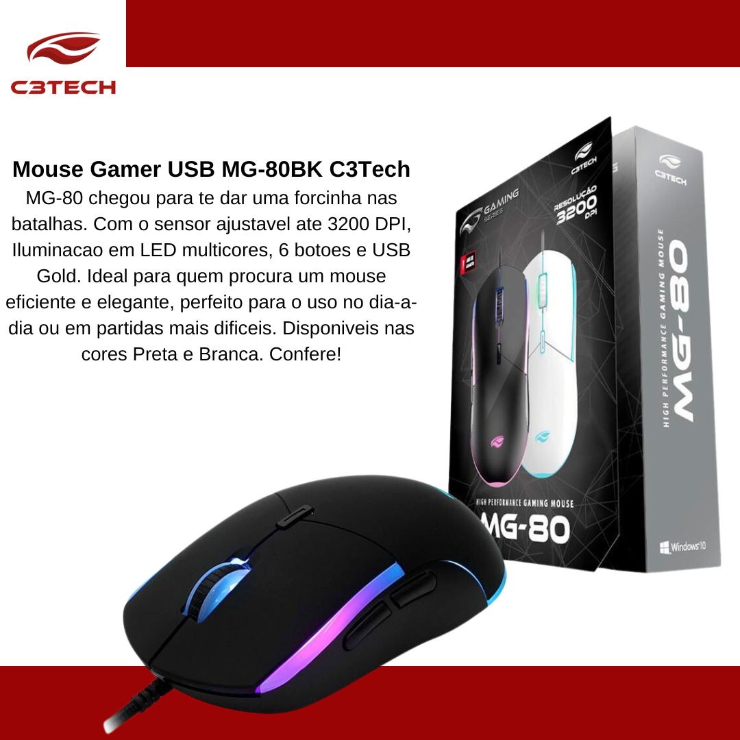 Mouse Gamer C3Tech MG-80BK | 3200 DPI - Crystal Informática