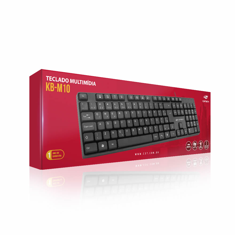 Teclado Multimídia C3Tech KB-M10BK USB, ABNT2, Anti-respingo, Preto ...