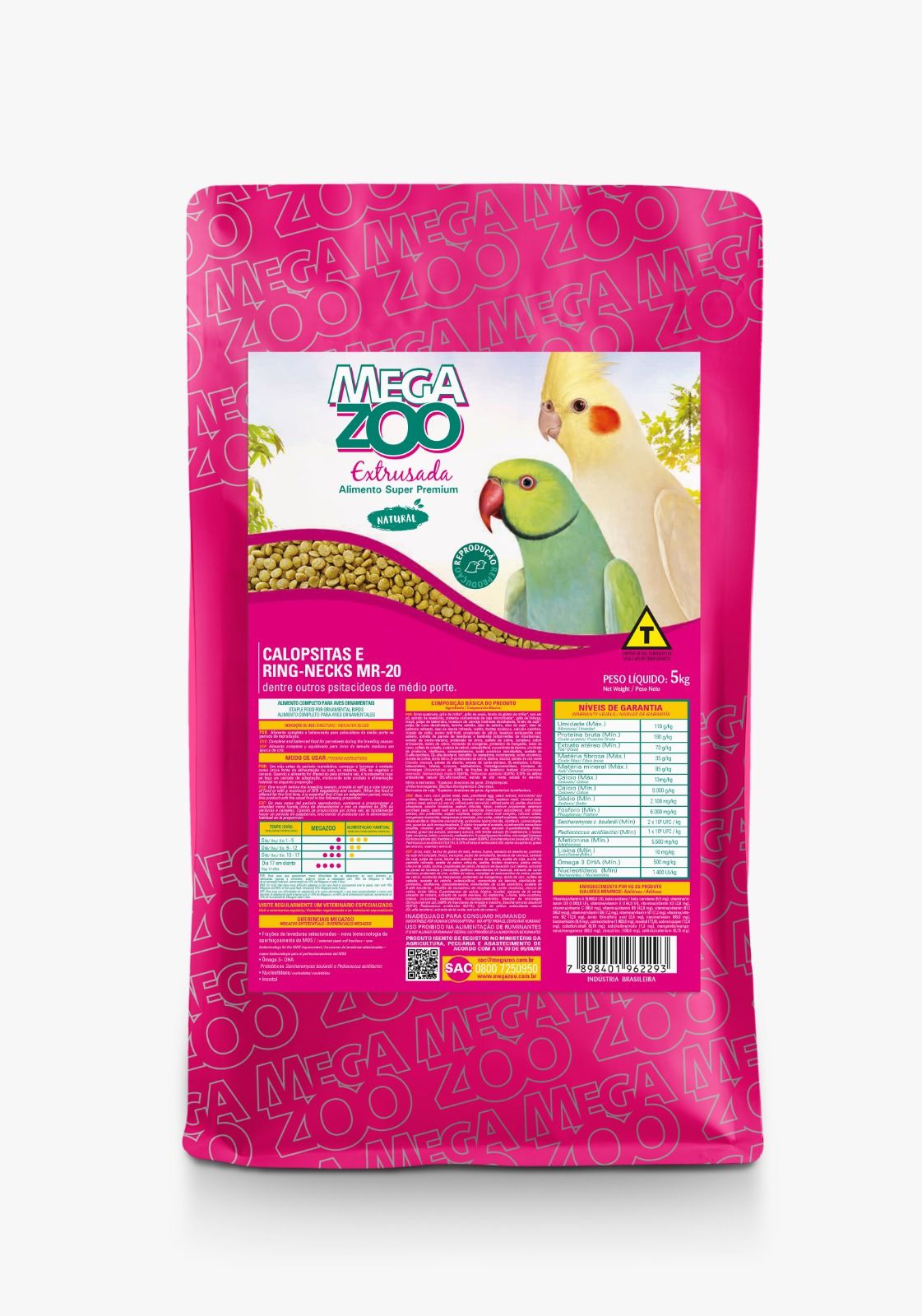 MEGAZOO Extrusada MR20 Calopsita Ring Necks 5kg - A casa do seu PET