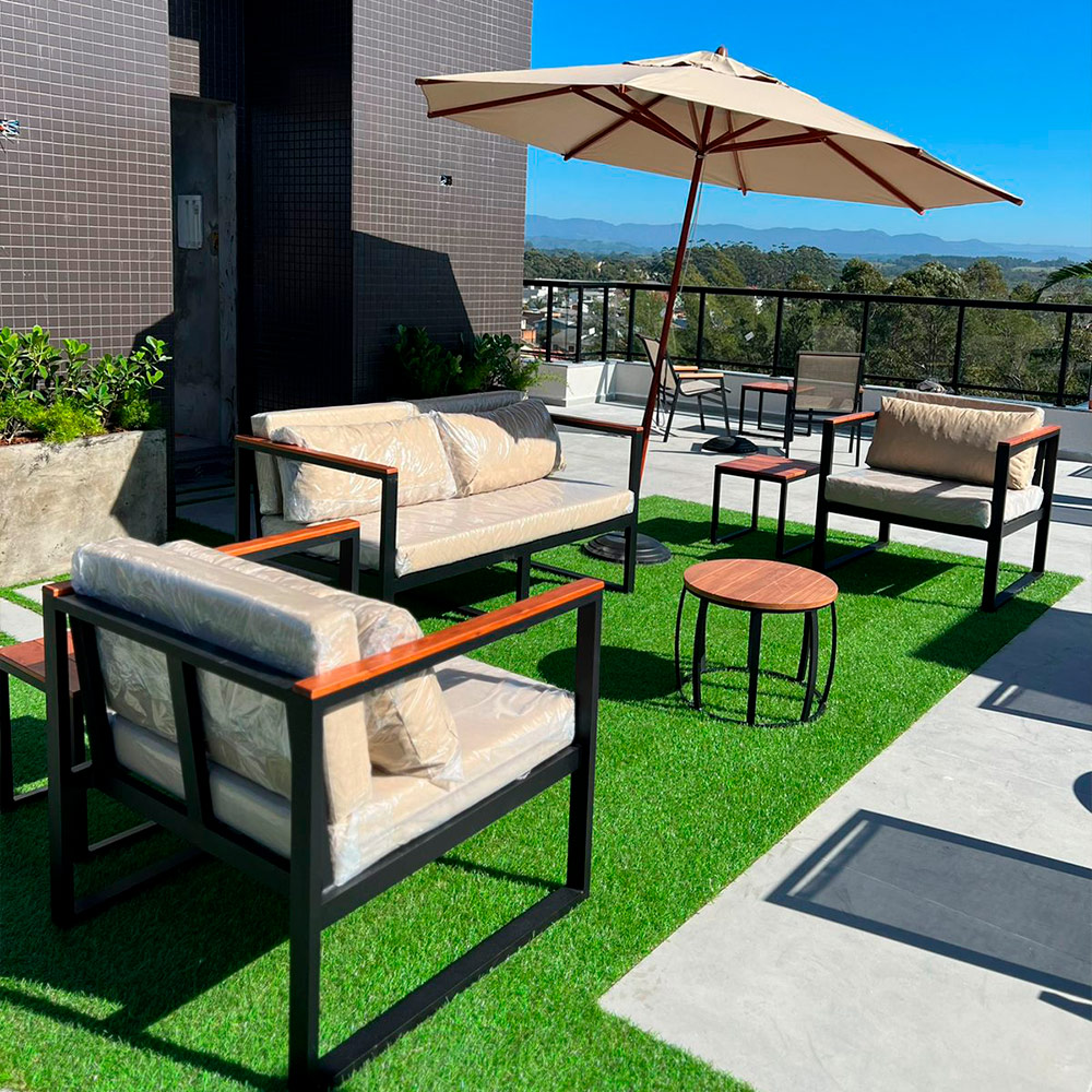 Sofá Bogarim em Alumínio Braço de Madeira 3 Lugares - Sarah Móveis