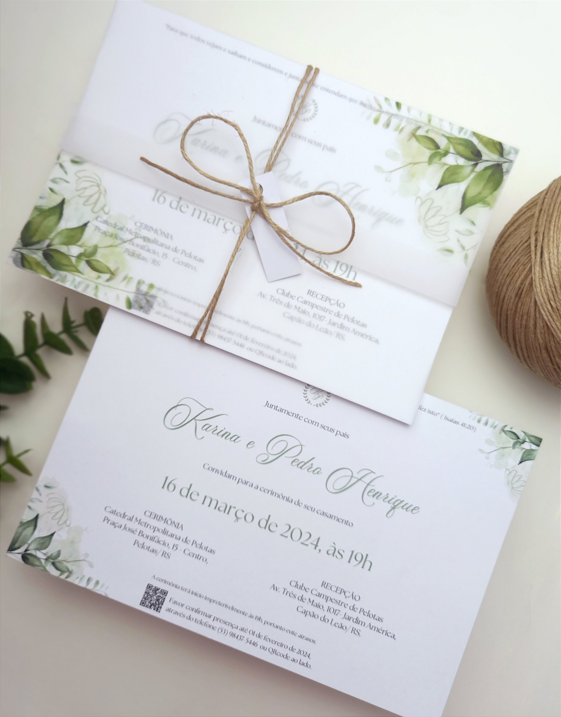 Convite de Casamento com Papel Vegetal e Rami - Folhagem verde - Gran ...
