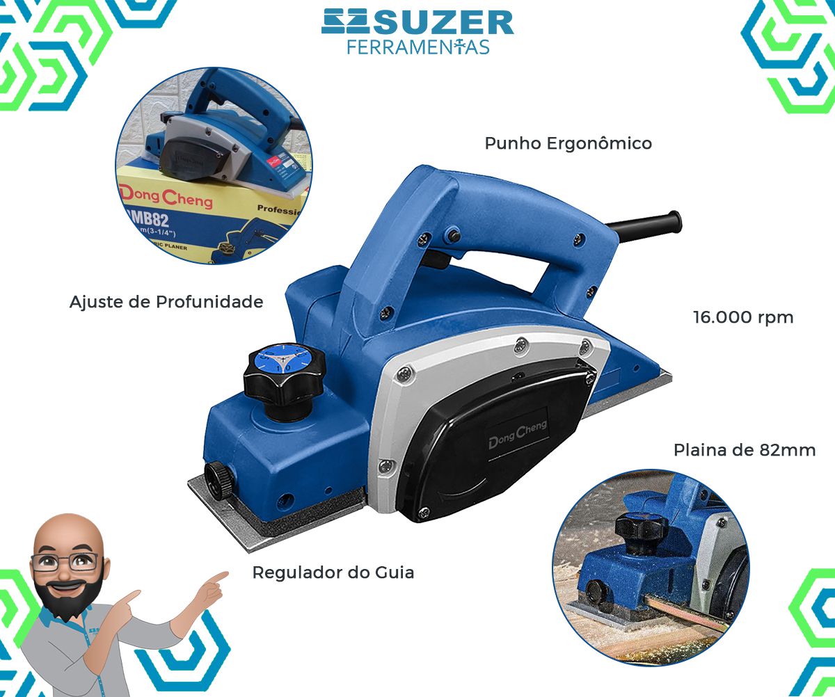 Plaina Elétrica Profissional 500w 1600rpm 82mm Azul 220v - suzer