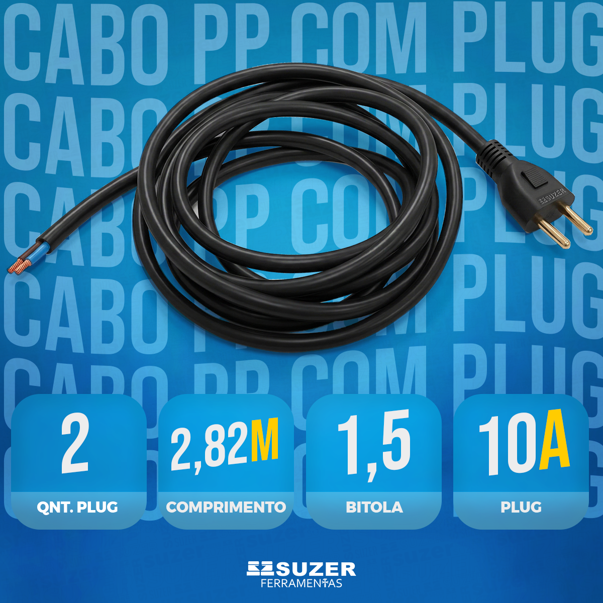 Cabo Elétrico Flexível Energia Tipo Pp Reforçado 2.82m - suzer