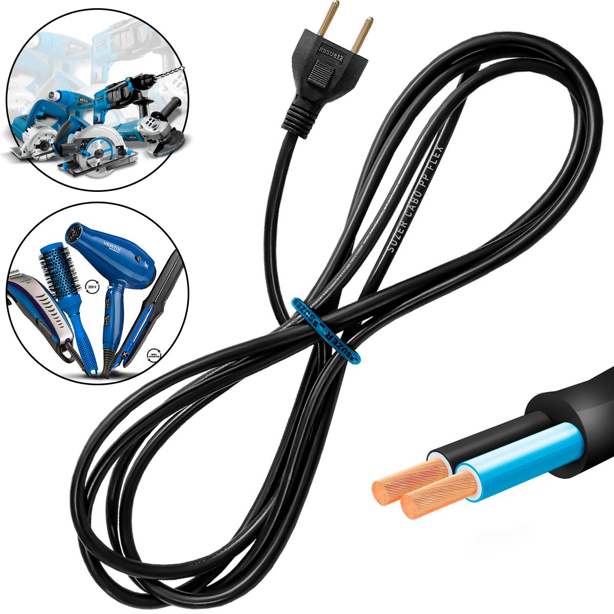 10 Unidades Cabo Elétrico Flex Com Plug 10a 2.0x 1.50x 2,82m - suzer