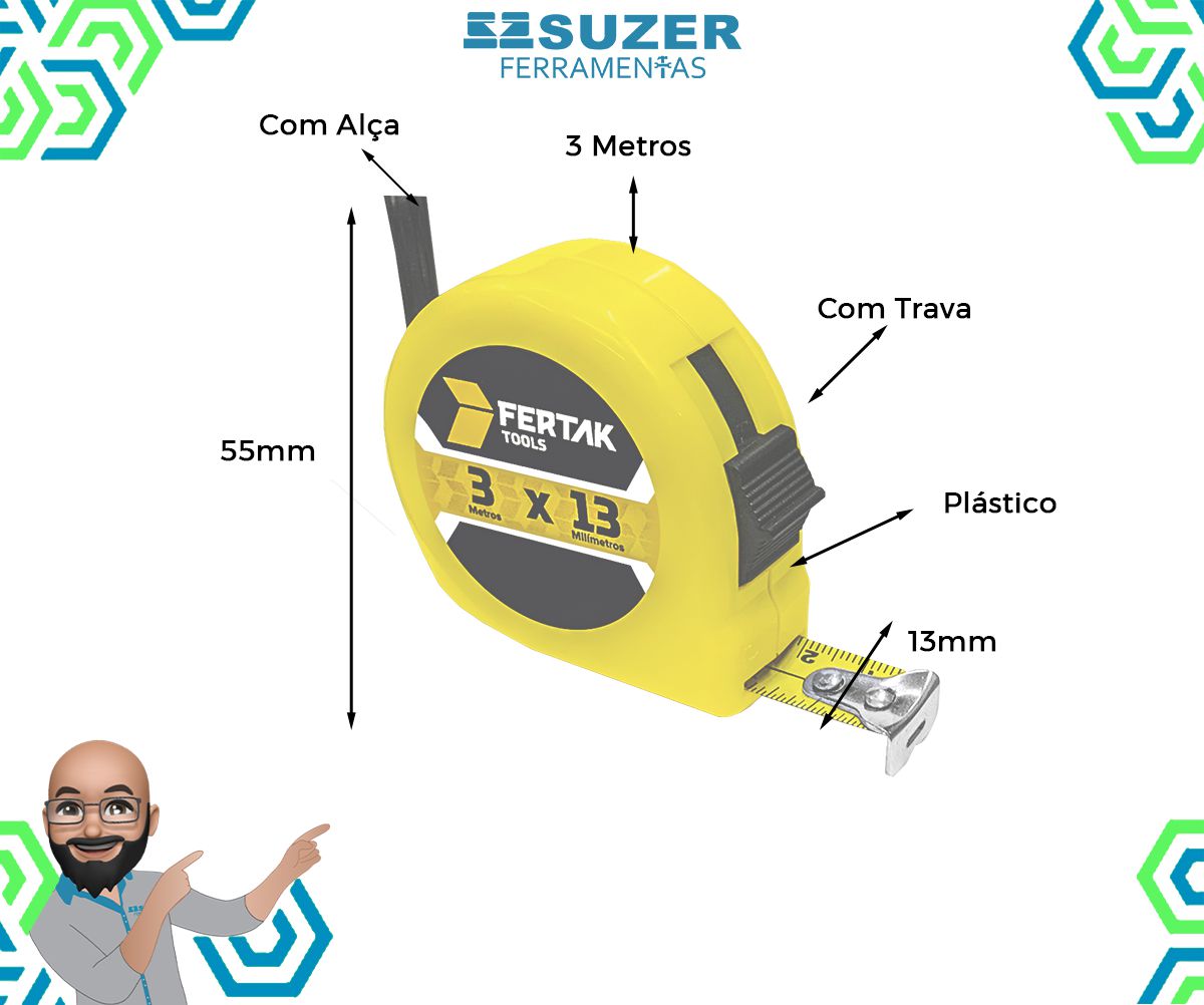 Trena 3 Metros Hobby Com Trava De Segurança 13mm 10 Unidade - suzer