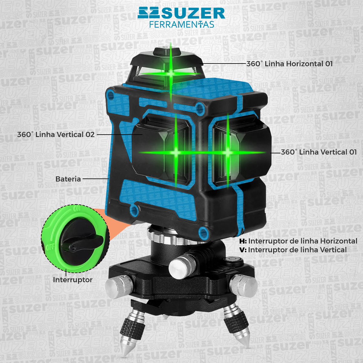 Nível Laser Verde 12 Linhas 360 Graus Magnético Acessórios - suzer